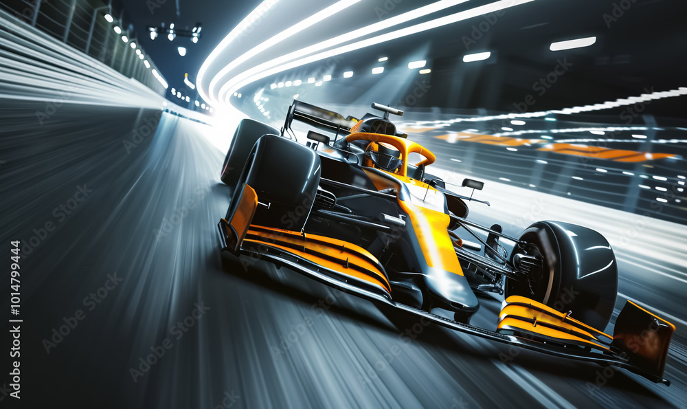 extremely fast formula one car speeds through tunnel in blur of lights ...