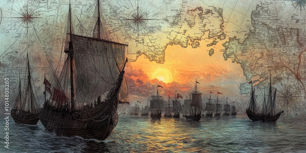 [A majestic view of Columbus' fleet sailing at sunset, with intricate ...