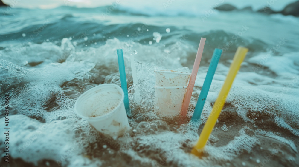 Polluted beach with plastic straws and cups submerged in ocean waves ...