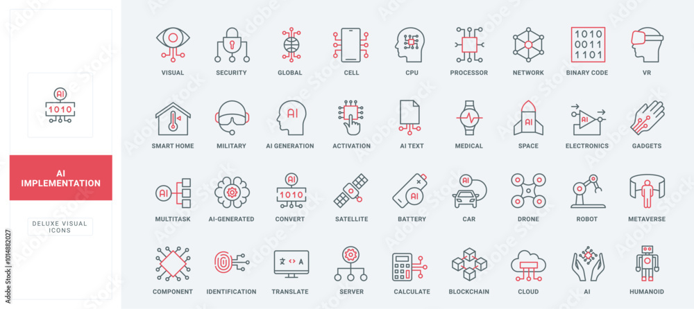 Implementation of AI services, activation and identification line icon ...