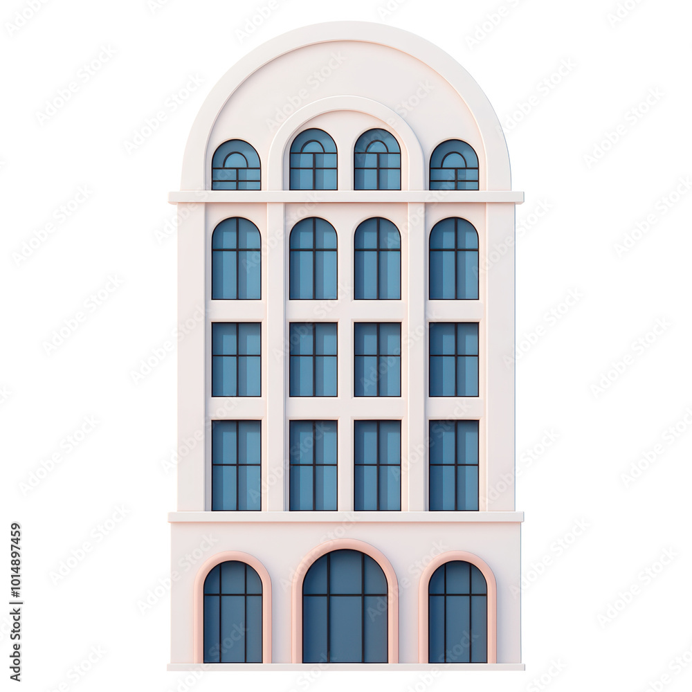 3D building with an arched facade and multiple rows of windows ...