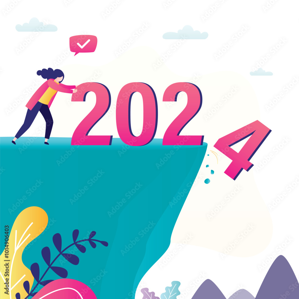 Confident businesswoman throws numbers 2024 off cliff into abyss. The ...