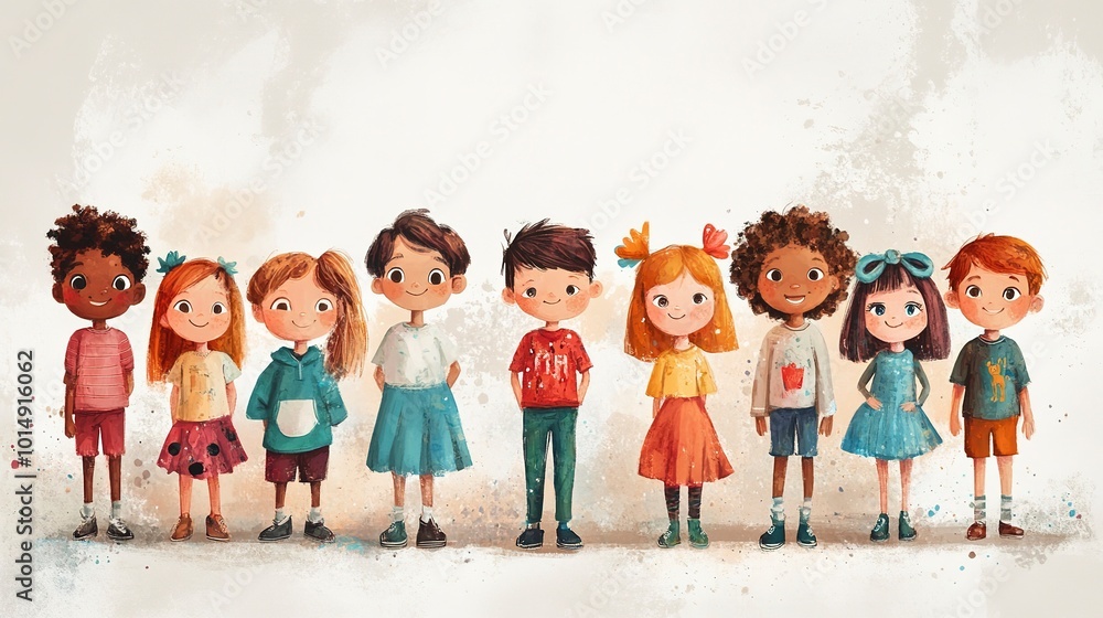 Diverse group of fictional children from various backgrounds standing ...