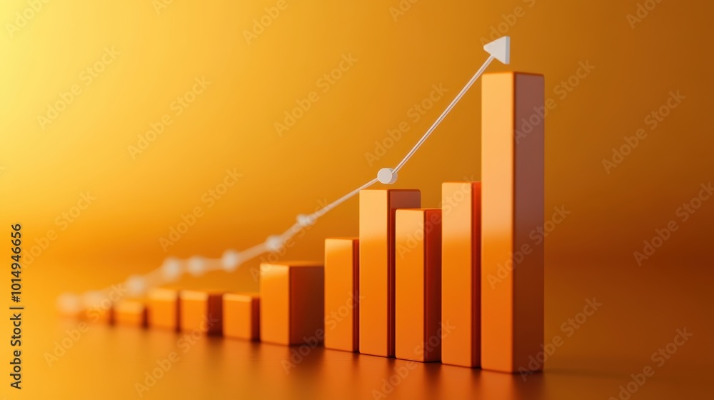 3D bar graph with rising values and a line graph overlay, indicating an ...