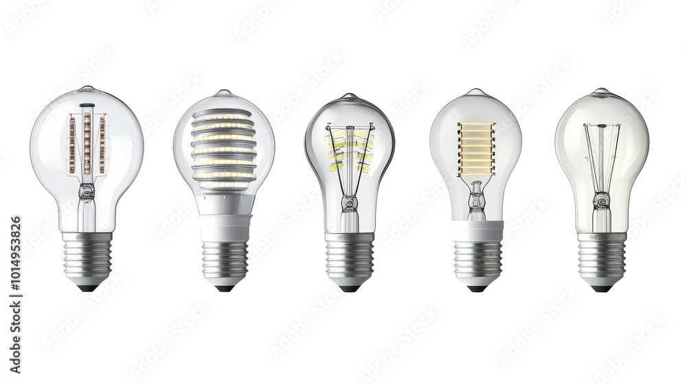 Five different types of light bulbs are shown in a row.on a transparent ...
