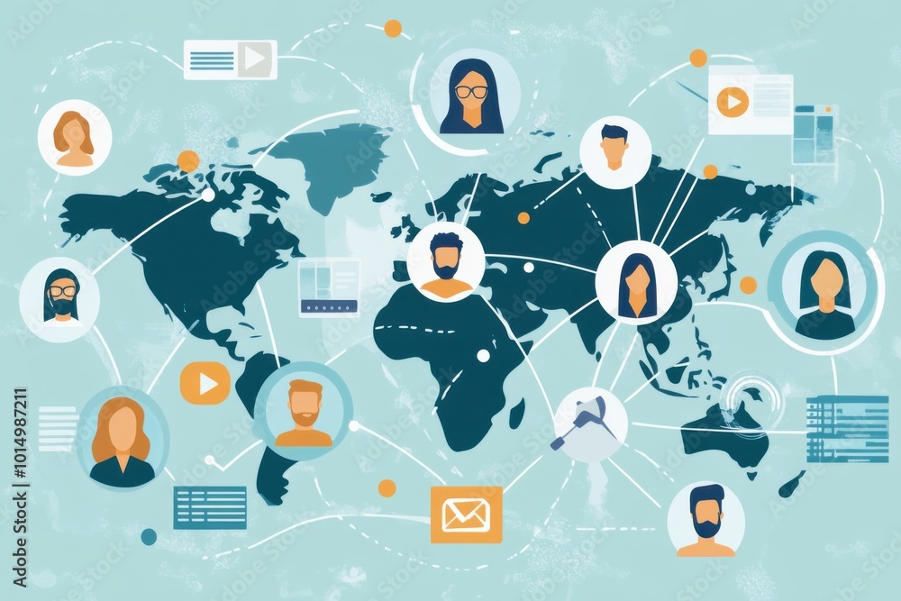 Illustration of people from various countries connected through a web ...