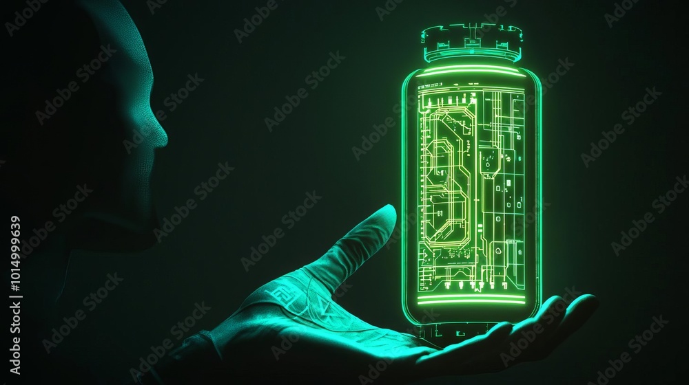 Nuclear battery technology Silhouette of a hand holding a nuclear ...