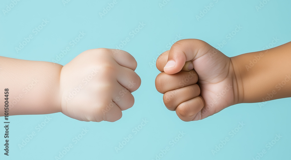 Two children fist bumping against a light blue background in a cheerful ...