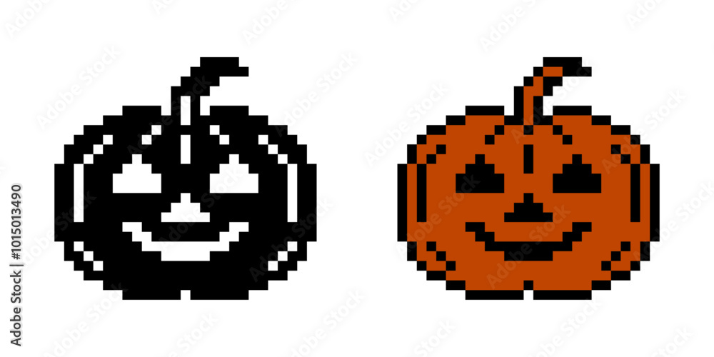 pixel art pumpkin game 8 bit cartoon icon logo. black white and color ...