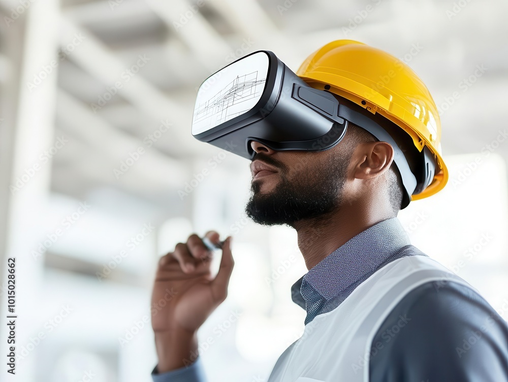 Project manager using augmented reality headset to visualize building plans on-site, Augmented ...