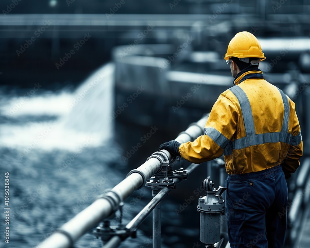 Technician operating advanced pumping station for flood control in low ...