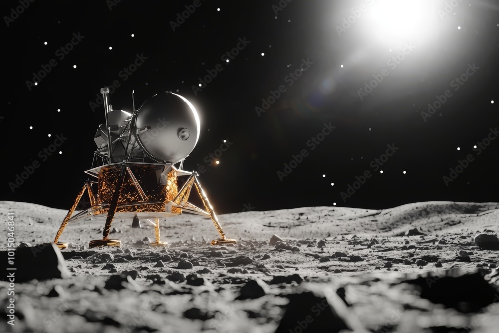 Lunar lander on the moon's surface under a starry sky and bright sun ...
