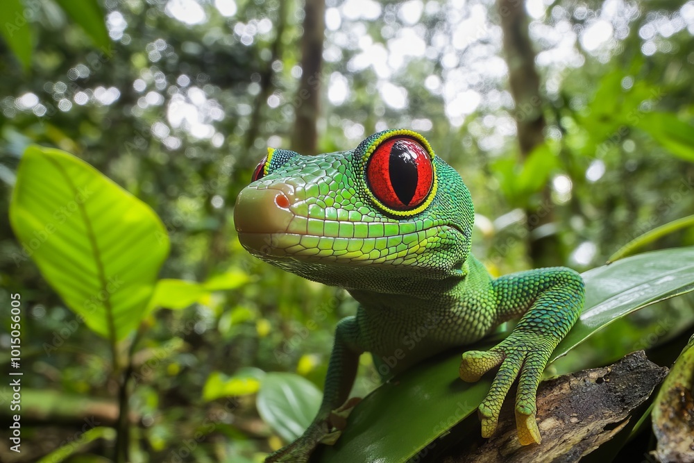 Vibrant Green Gecko with Striking Red Eyes in a Rainforest. AI ...