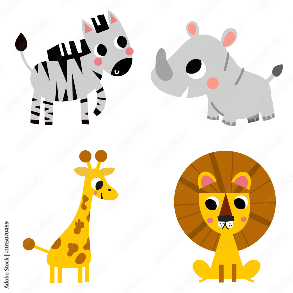 Cute cartoon vector African animals. Zebra, rhino, lion, giraffe baby ...