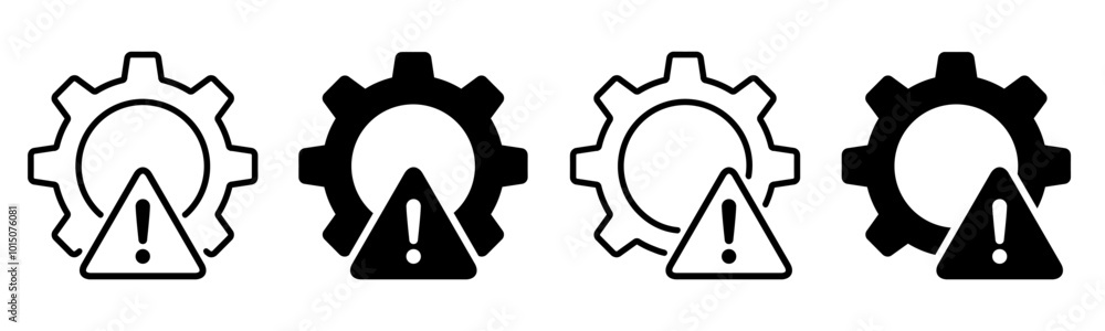 Warning icon set, broken operational process, gear symbol with ...