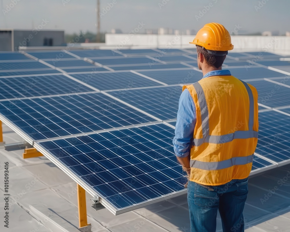 Sustainable hotel under construction, solar panels being installed ...