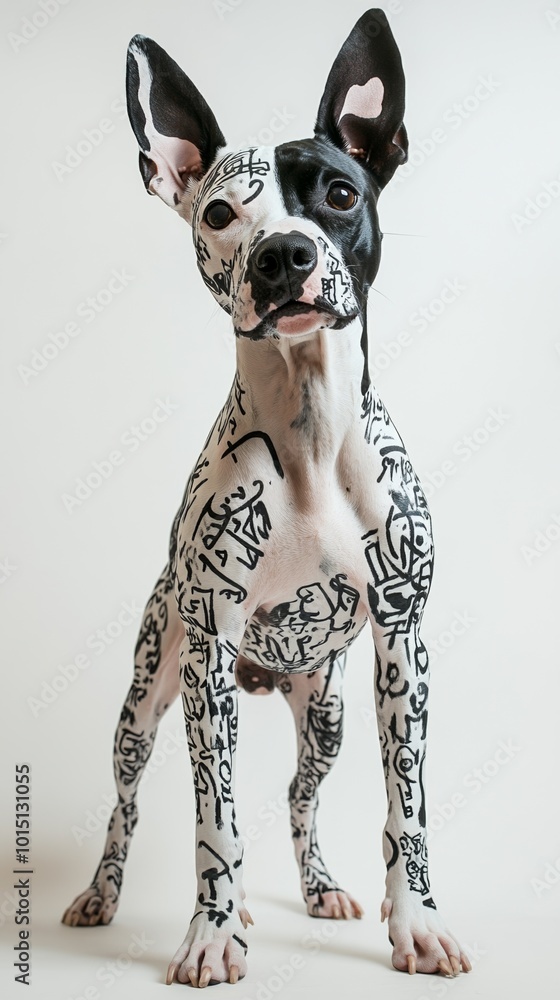 Hairless Dog with Calligraphic Markings Against White Background Stock ...