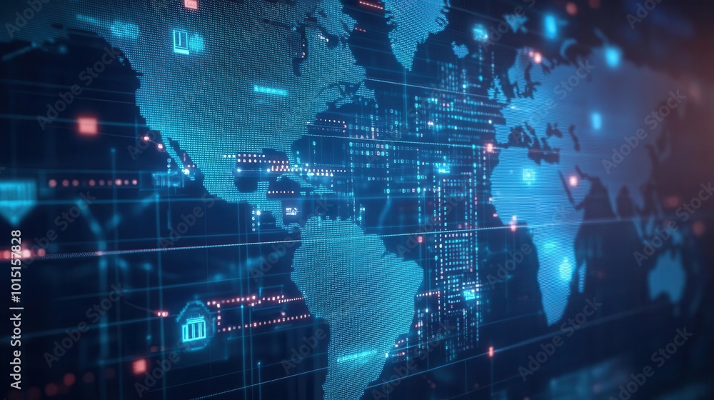 Digital rendering of a global map with cybersecurity regulations ...