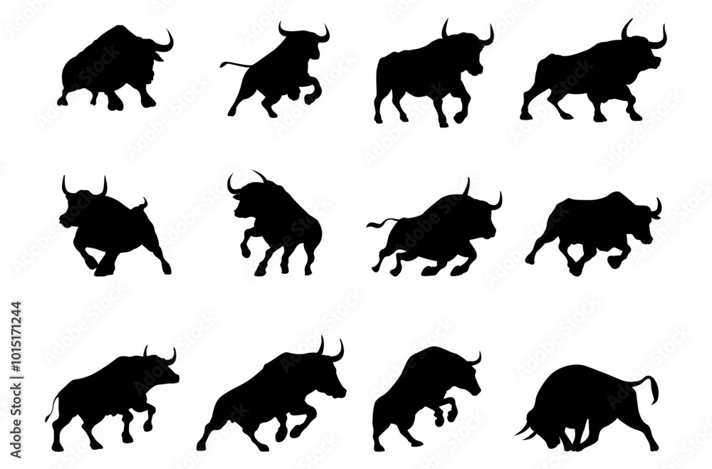 Bull silhouettes set—stylized silhouettes of standing in different ...