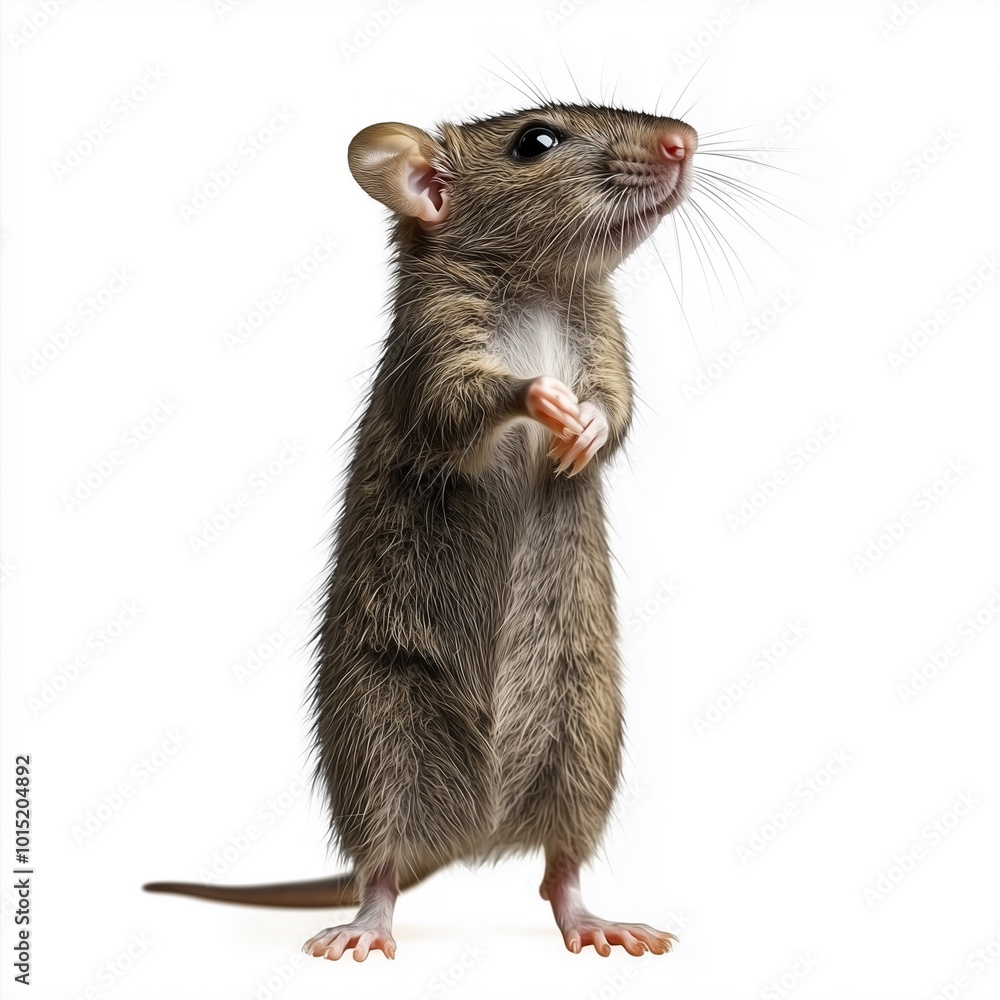 Closeup young rat (rattus norvegicus) stands on its hind legs and ...