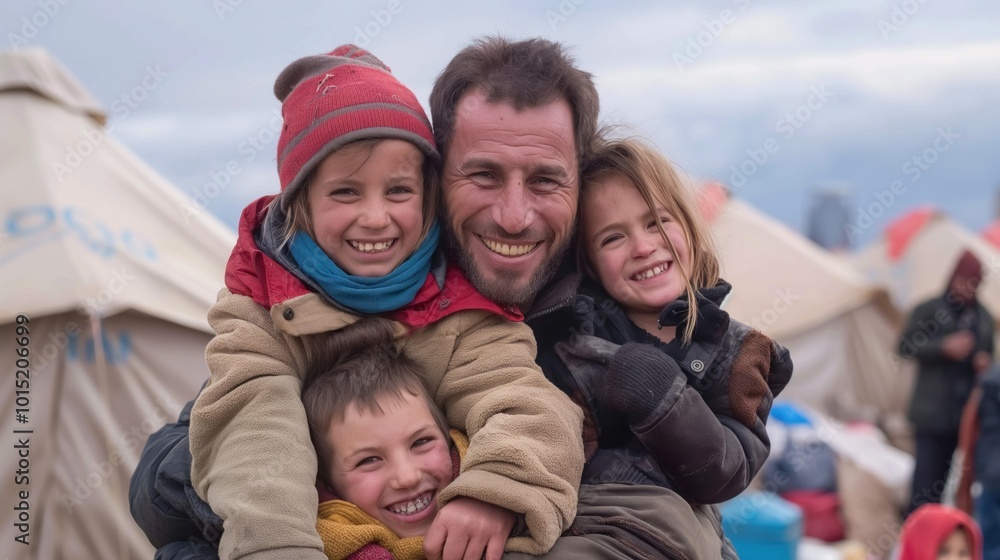 Refugee family reunited with loved ones at a camp, expressions of joy ...
