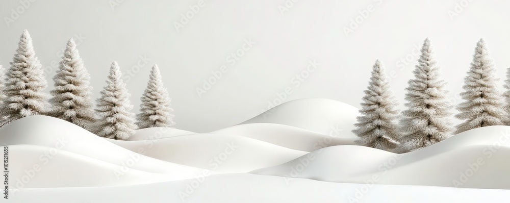 Winter wonderland scene reduced to soft snowdrifts and minimalist pine ...