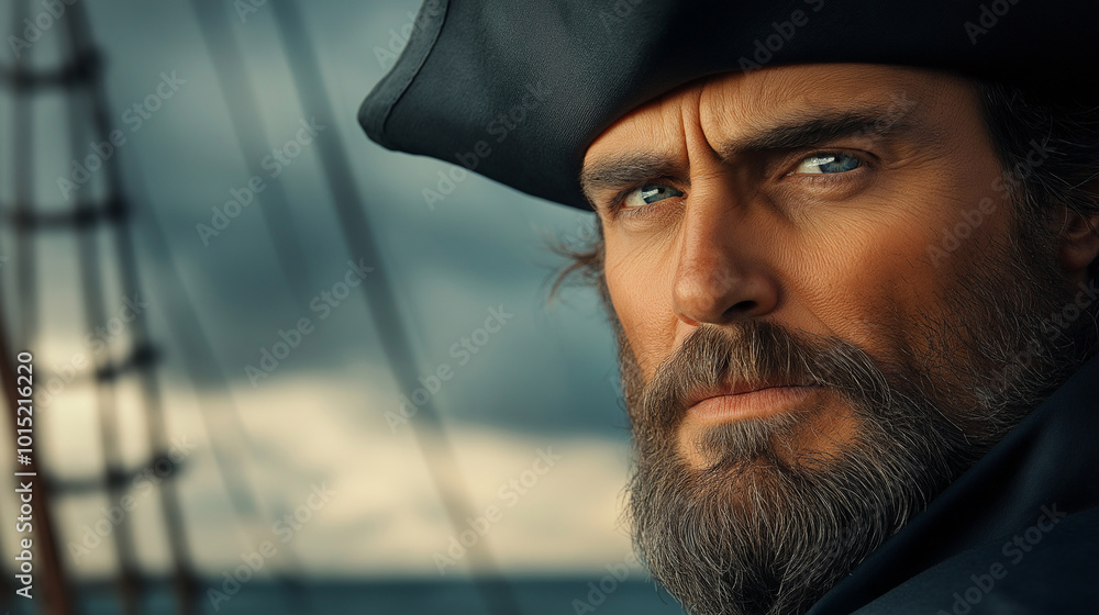 A hyper-realistic image of the legendary Blackbeard pirate, his eyes ...