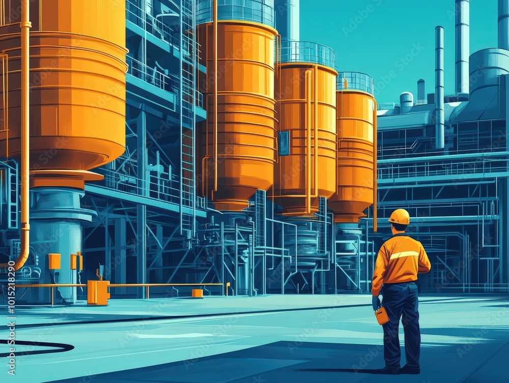 Cartoon Engineer Inspecting Industrial Cooling Tower - Minimalist Anime ...