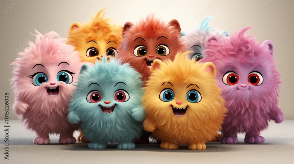collection of Colorful furry and cute monster dancing and waving 3D ...