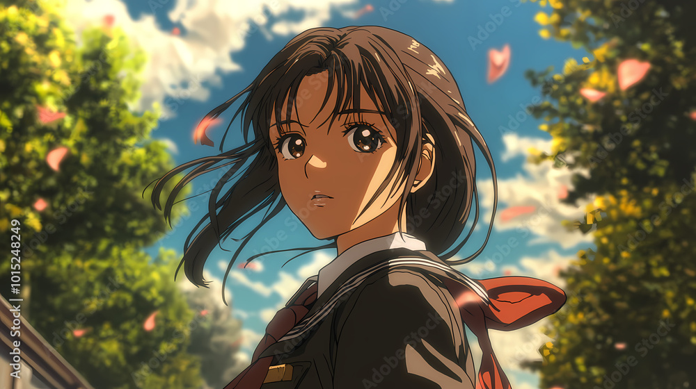 A striking anime screencap featuring a female character with brown hair ...