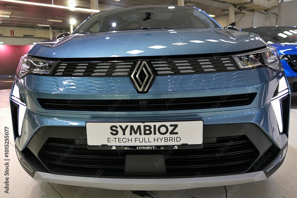 Front mask of modern french compact crossover SUV car Renault Symbioz ...