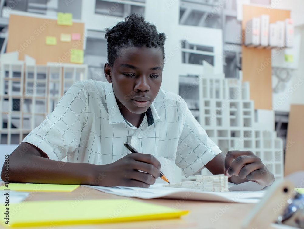 Young African American architect works on project at office desk. Man ...