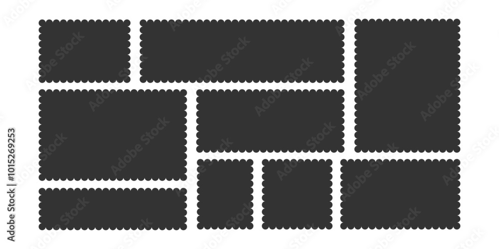 Black Scallop Edge Different Rectangles set. Blank Rectangle Shapes squiggly Stickers Set. Empty ...