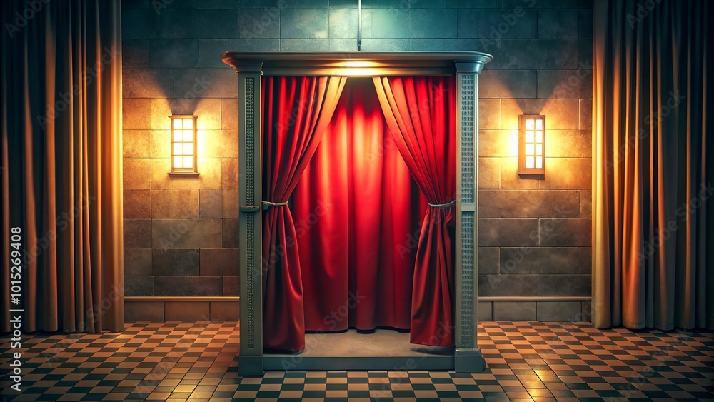 Vintage photo booth with red curtain and soft glowing light in a dimly ...