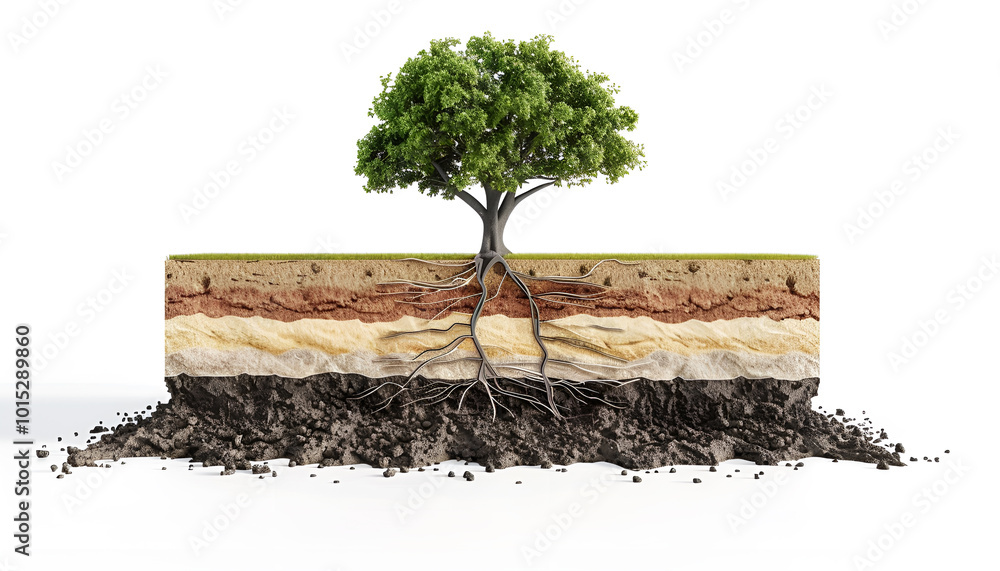 Cross-section of soil layers with a tree on top, illustrating soil ...