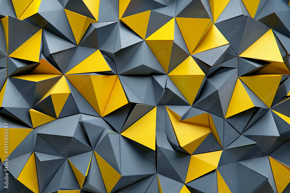 Backdrop with contemporary abstract design featuring layered gray and yellow triangles and ...