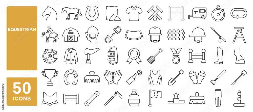Set of 50 line icons related to equestrian, horse, horseback, riding ...