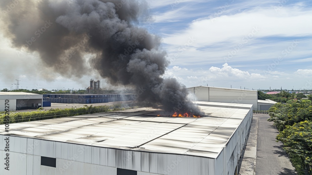 Toxic and Dramatic Industrial Fire-Thick black smoke billows from a ...
