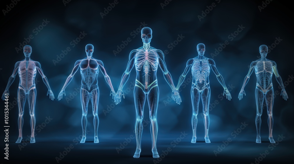 Anatomical illustration of a human skeleton with highlighted areas of ...