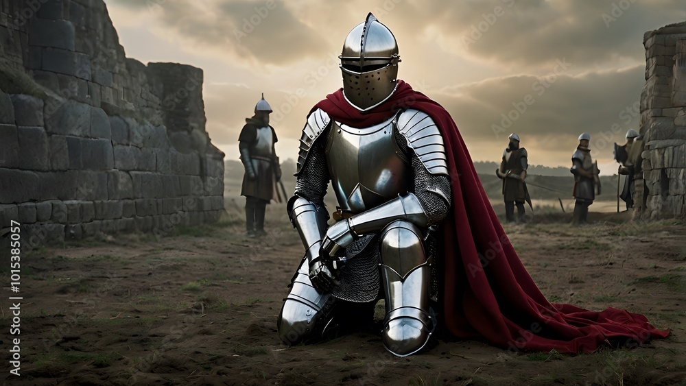 Knight in Full Armor Kneeling in Prayer Amidst a Battlefield ,Symbol of ...