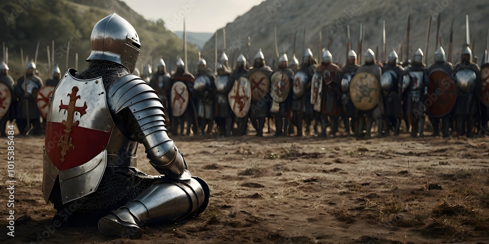 Knight in Full Armor Kneeling in Prayer Amidst a Battlefield ,Symbol of ...