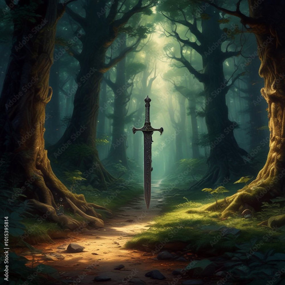Realistic illustration of ancient sword in the middle of path in ...