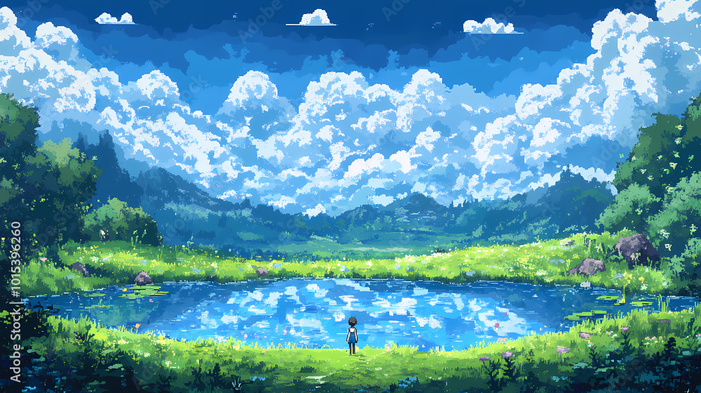 Pixel art game background featuring a blue sky with clouds, a green ...