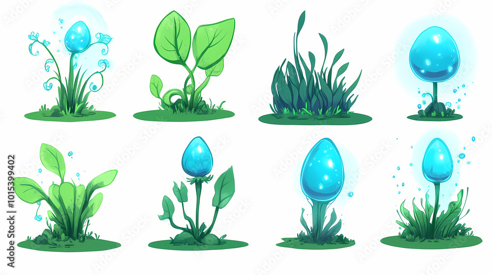 Ilustración de Stock Set of cartoon plant sprites with glowing orbs ...