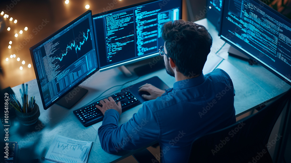 From above, a software developer types code on a dual-screen setup ...