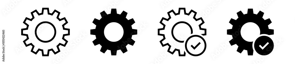 Gear icon set, gear with check mark icon tick symbol. black gear wheel ...