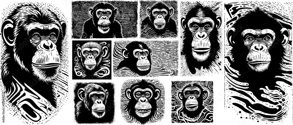 Collection of monkey portraits. Grunge animals for textured. Black ...