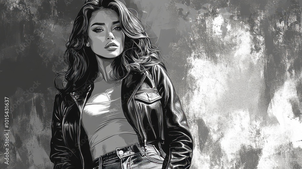 pin-up woman in leather jacket and jeans, leaning in alluring pose ...