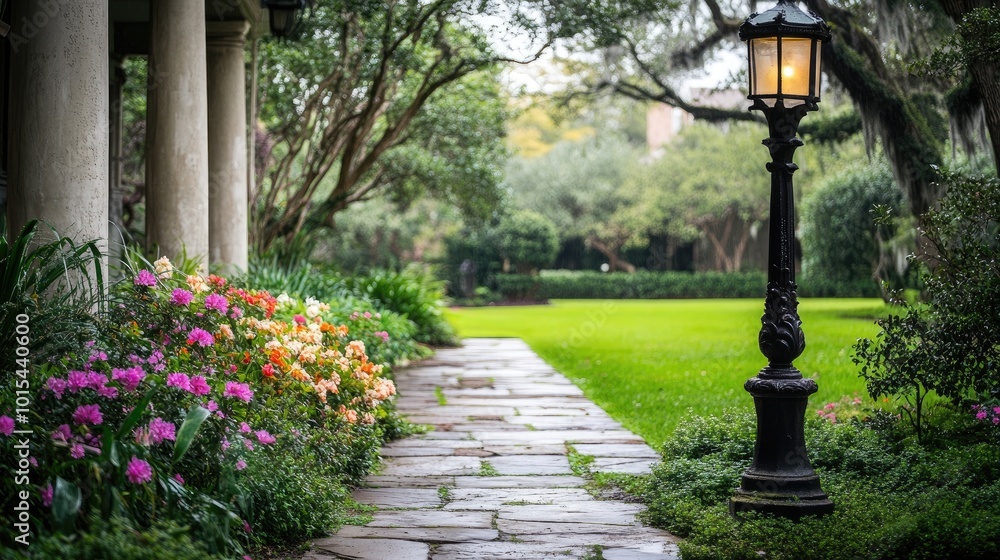 An empty front yard with an old-fashioned lamp post, a stone pathway ...
