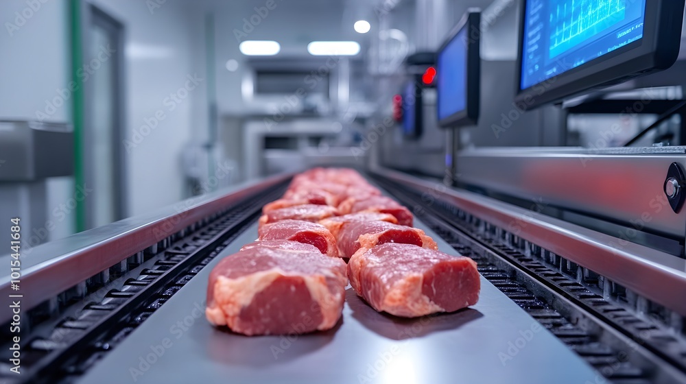 High-tech food production line creating synthetic meats, automated ...